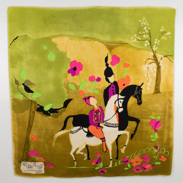 French Designer Maggy Rouff Silk Scarf Multicolor Riders Print at 1stDibs