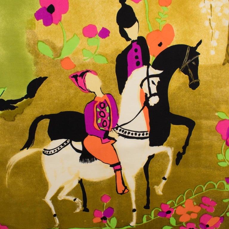 French Designer Maggy Rouff Silk Scarf Multicolor Riders Print at 1stDibs