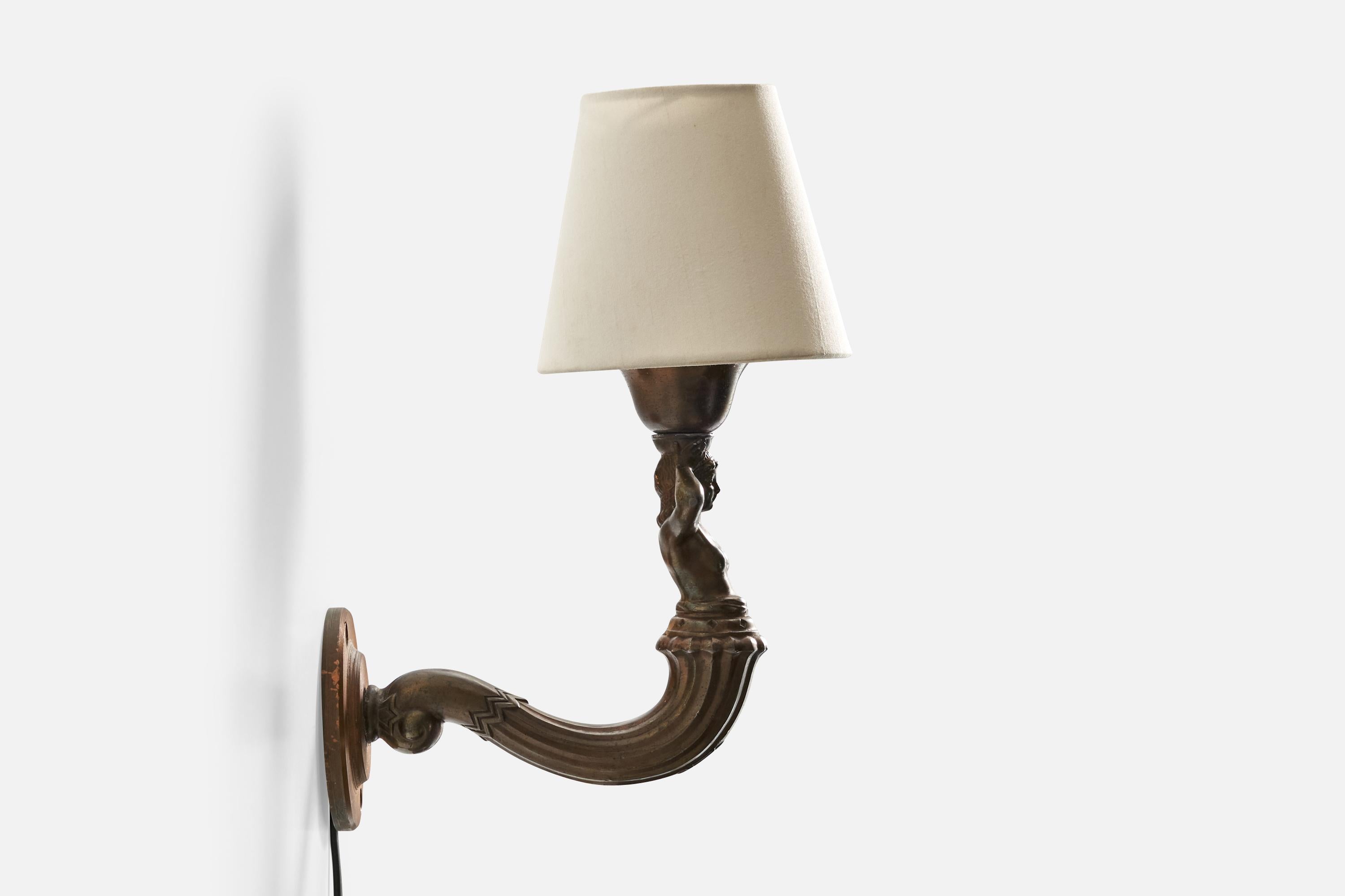 French Designer, Wall Light, Bronze, Fabric, France, 1920s For Sale at ...