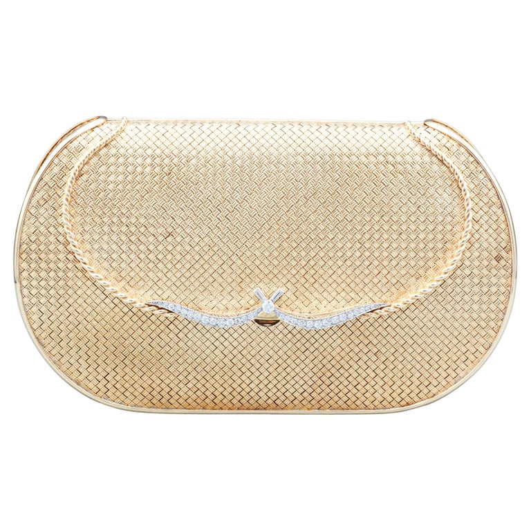 French, Diamond 18 Karat Gold Basket Weave Clutch Purse For Sale at 1stDibs