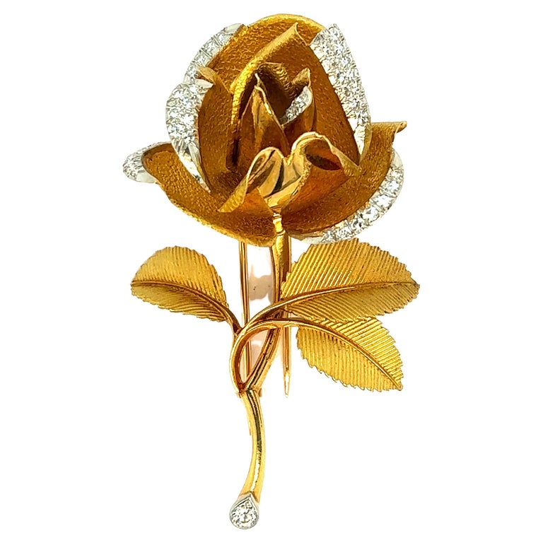 French Diamond Gold Rose Brooch For Sale at 1stDibs