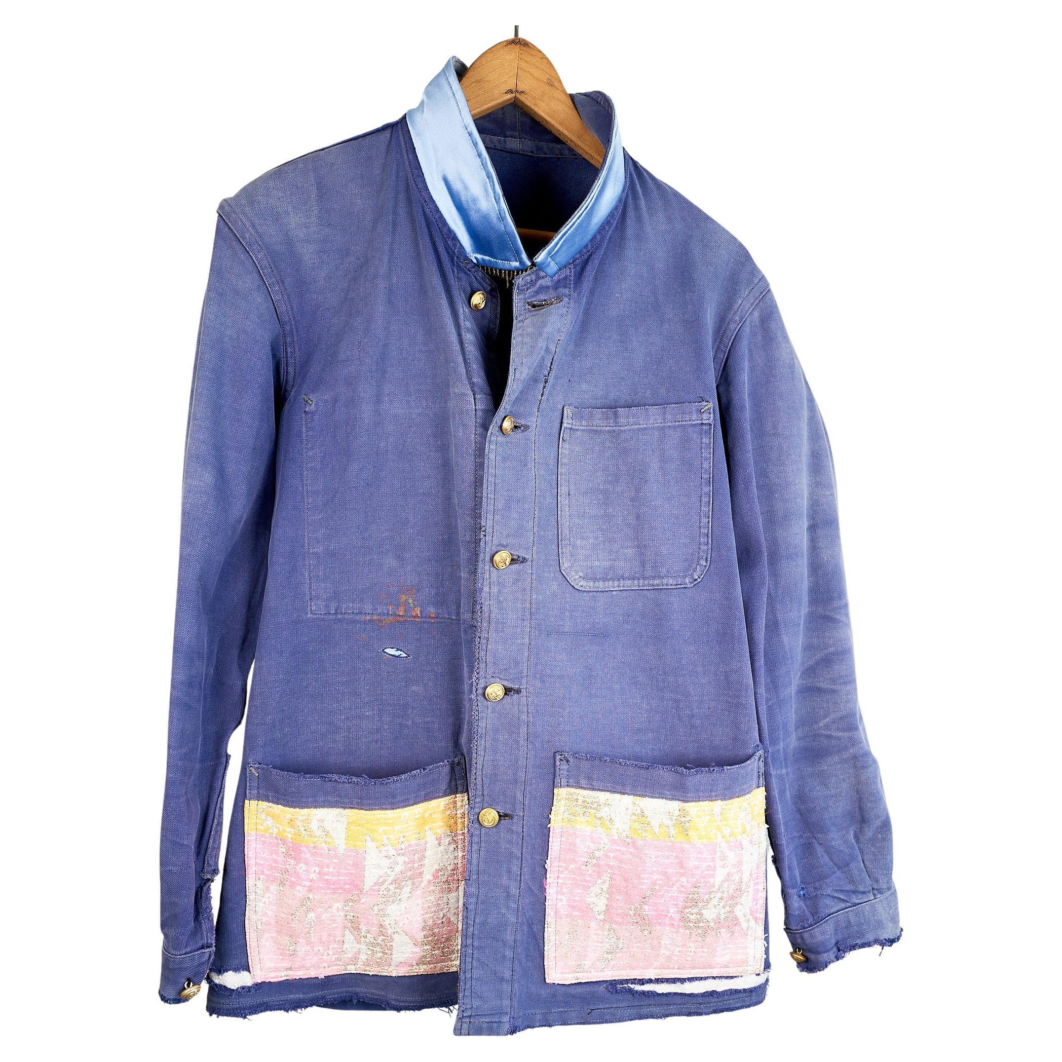 Cobalt Blue Jacket Cotton French Work Wear Tweed Back Silver Chain ...