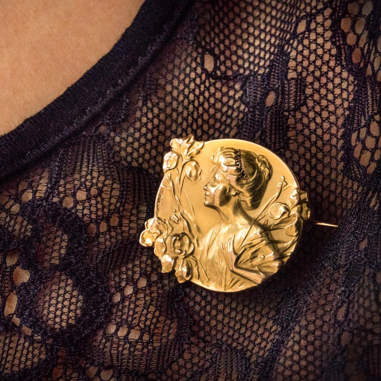 French E. Dropsy Art Nouveau Diamond 18 Karat Yellow Gold Brooch at ...