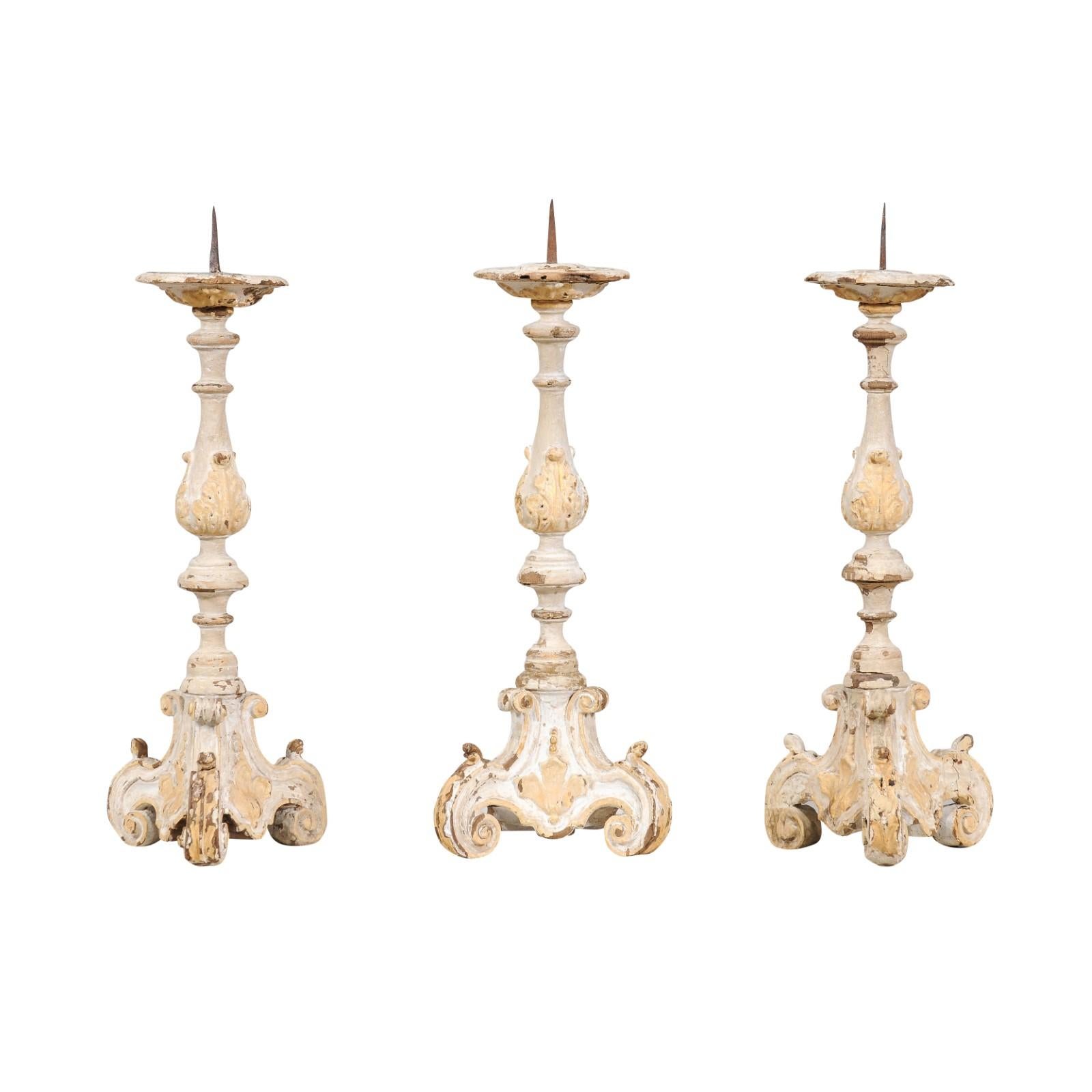 French Early 18th Century Rococo Gray and Cream Painted Candlesticks, Sold Each For Sale at 1stDibs