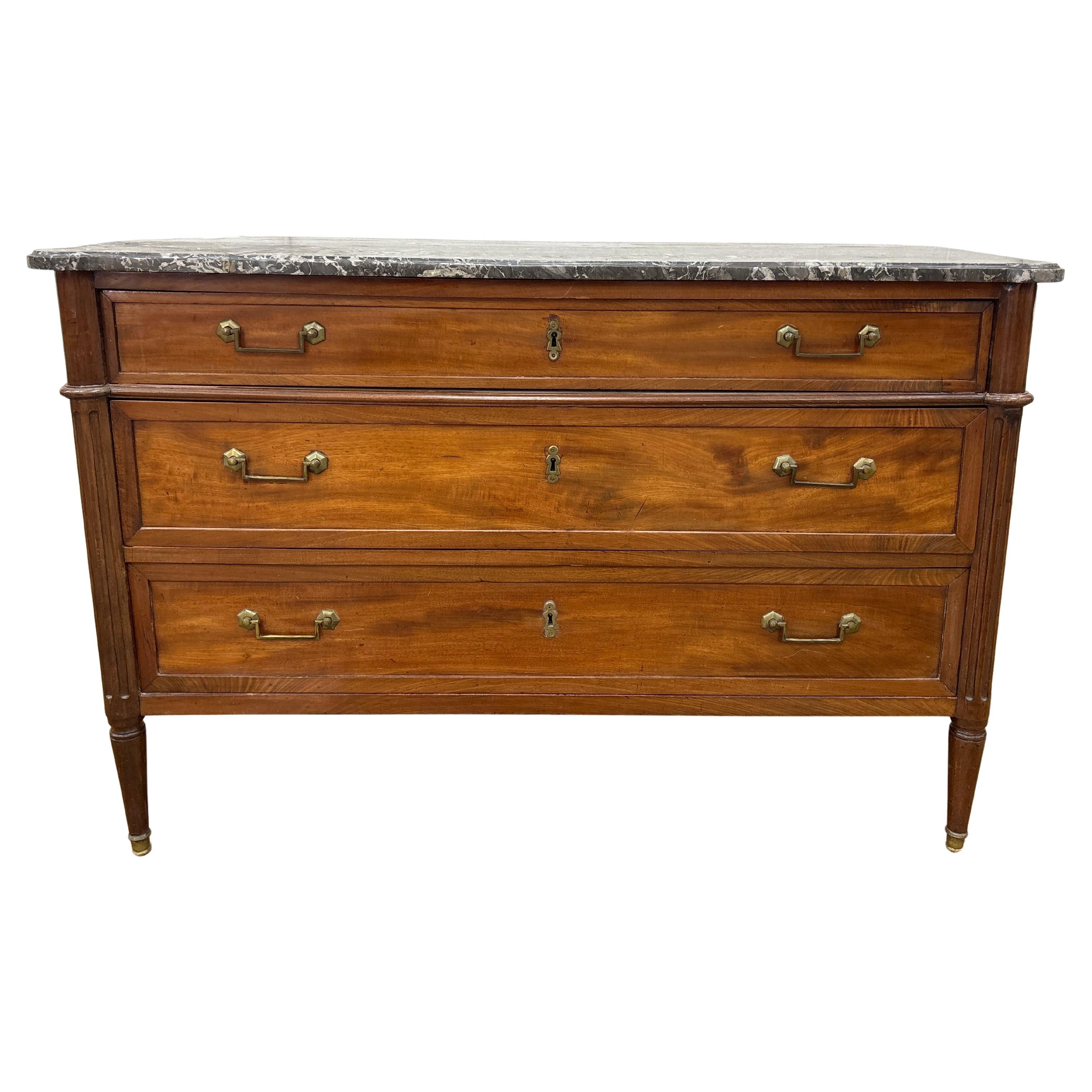 French Louis XVI Mahogany Commode / Chest Bronze Accent with Marble Top ...