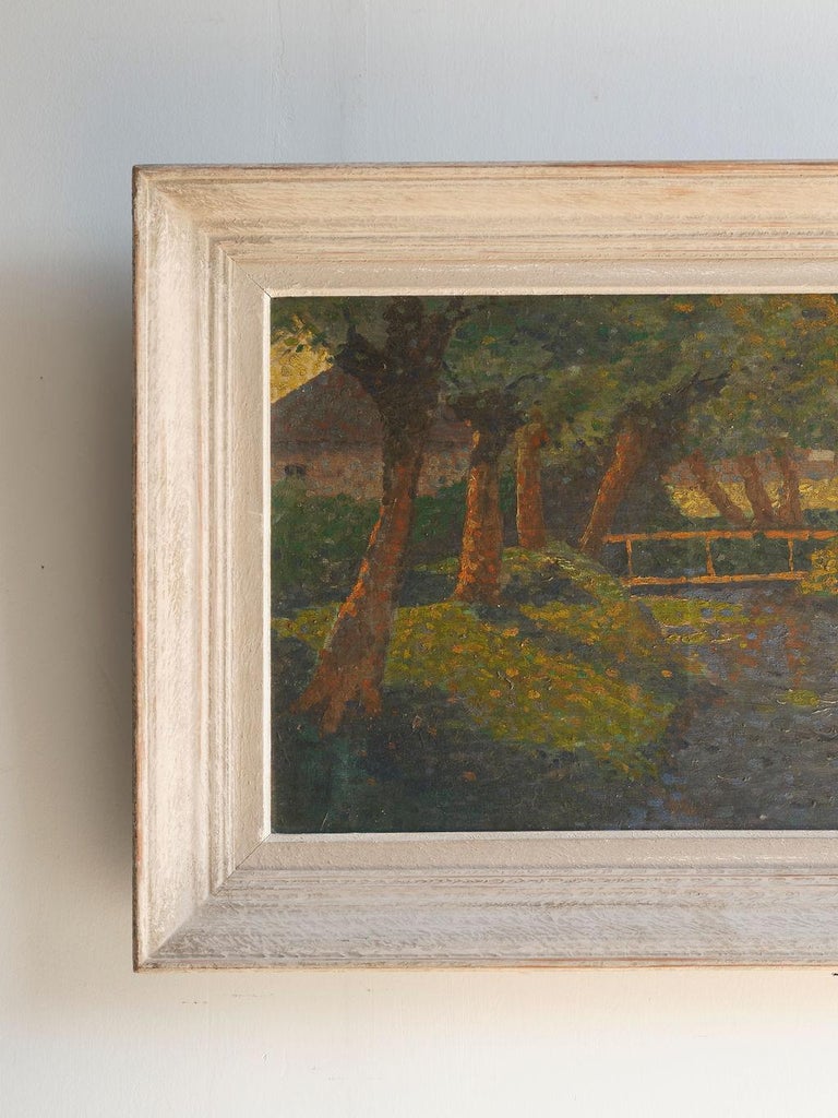 French Early 20th Century Pointillist Style Oil on Canvas of Waterside ...