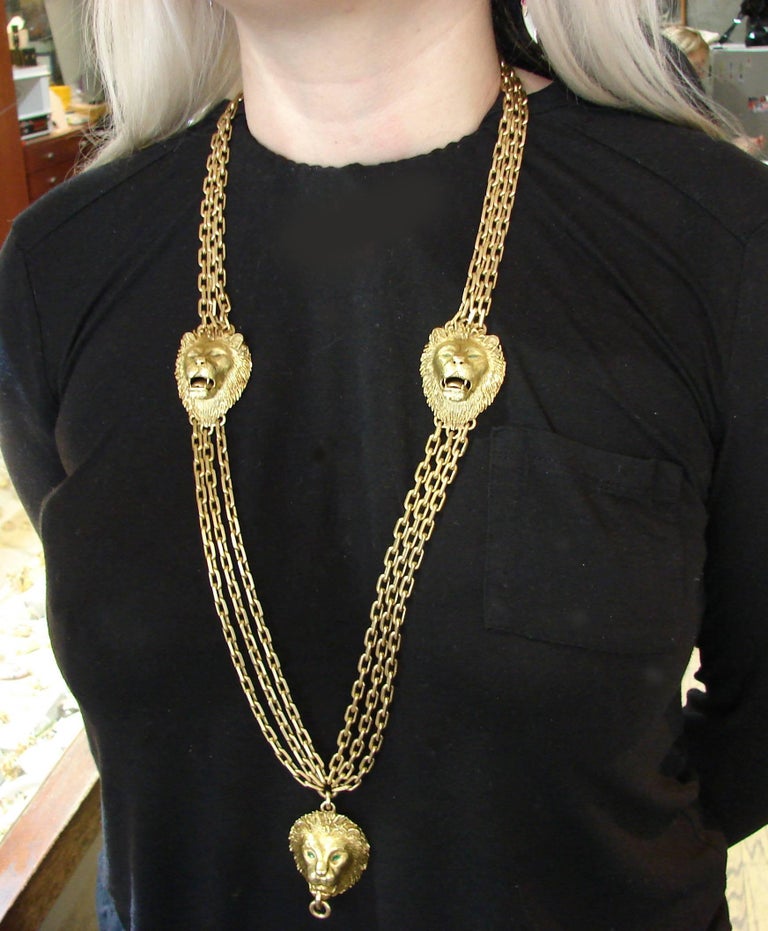 French Emerald Yellow Gold Chain Necklace with Lion Medallions, 1970s ...