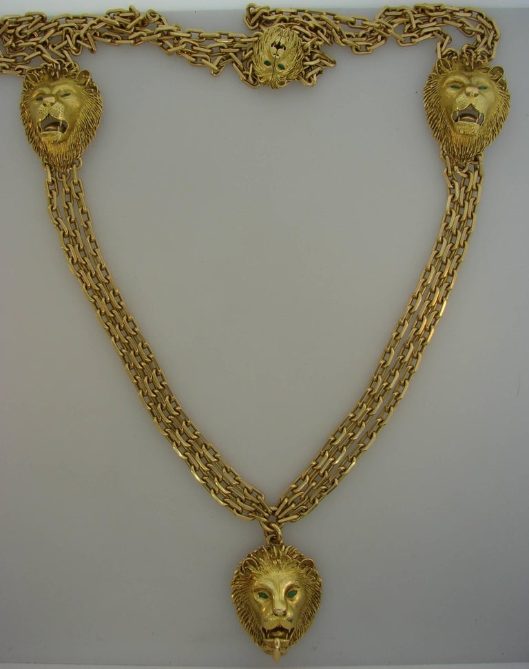 French Emerald Yellow Gold Chain Necklace with Lion Medallions, 1970s ...
