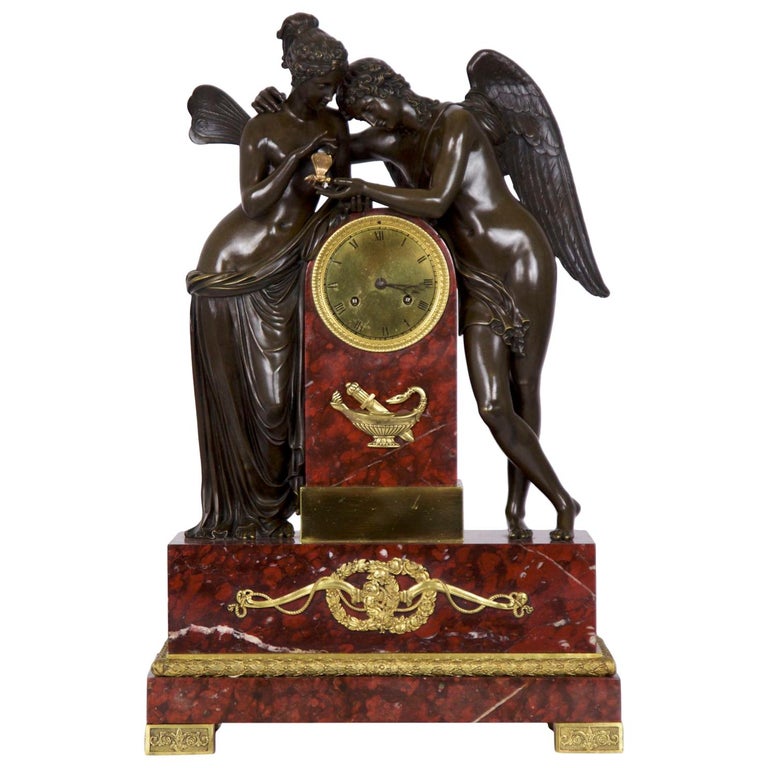 French Empire Antique Figural Bronze Mantel Clock of Psyche and Cupid ...
