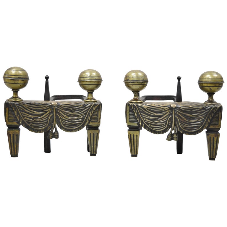 French Empire Bronze Drape and Tassel Cannonball Chenet Small Andirons ...