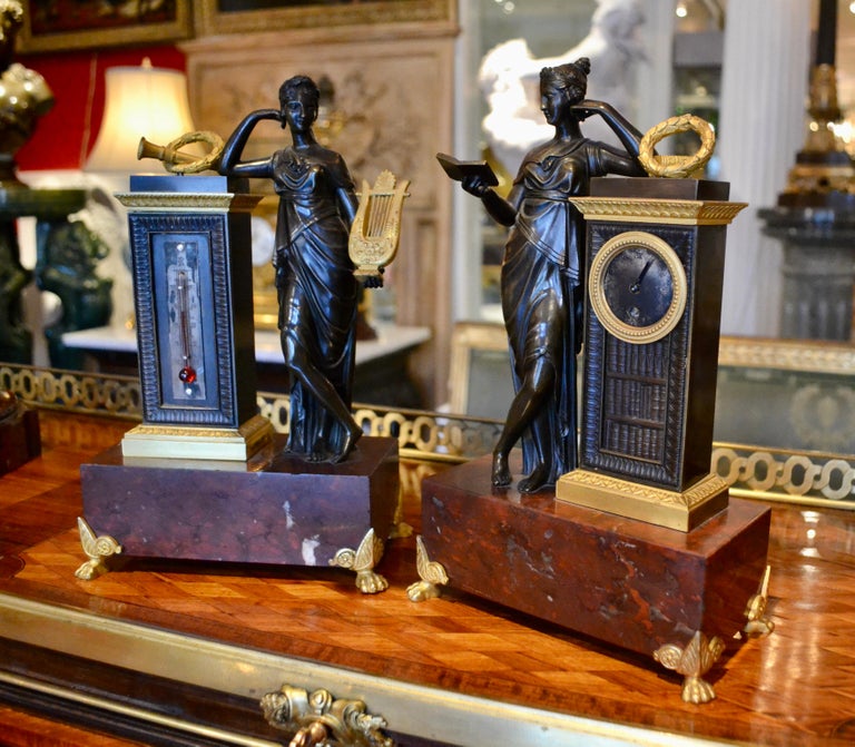 French Empire Clock and Barometer Desk Set For Sale at 1stDibs