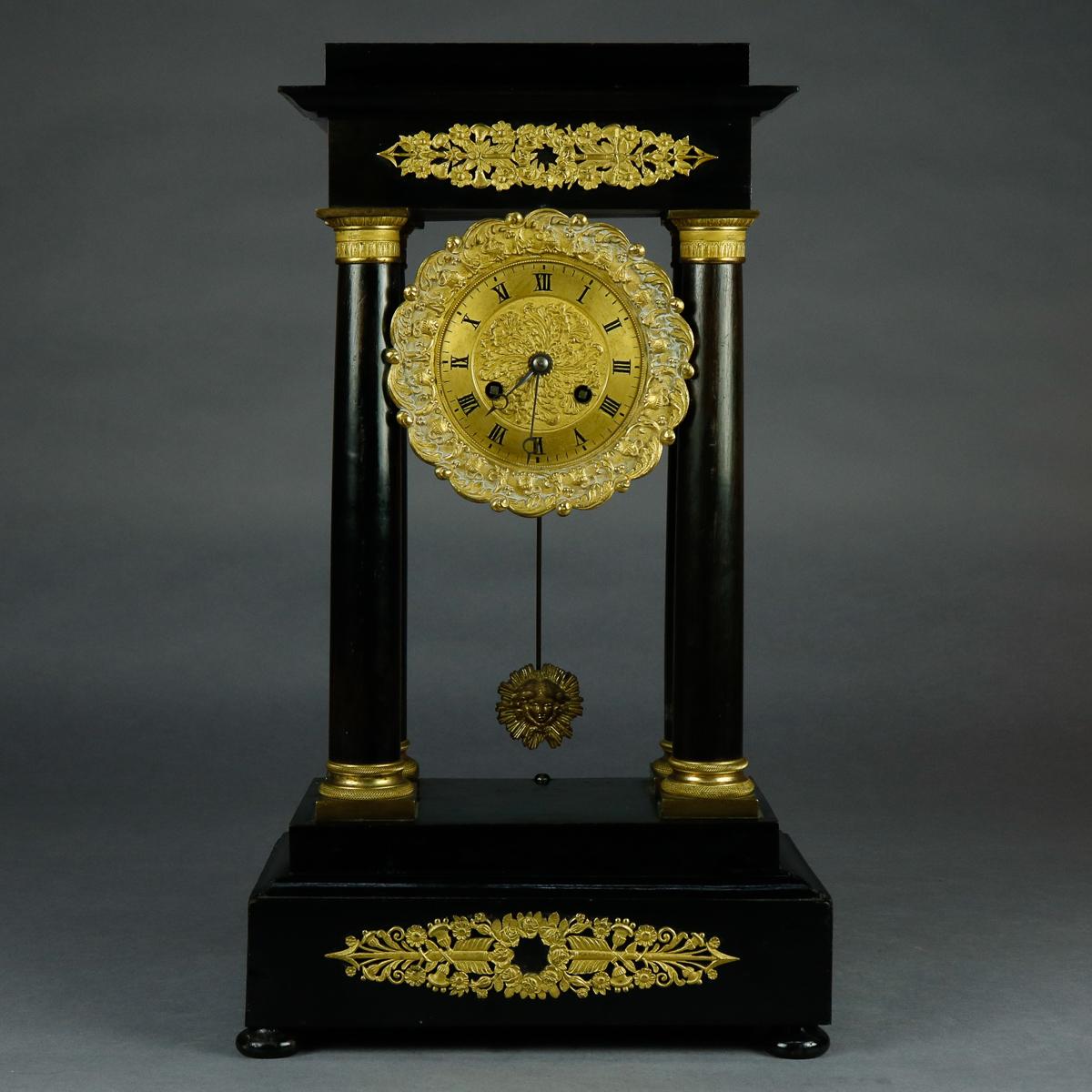 French Empire Ebonized Mahogany and Bronze Portico Mantel Clock, circa ...