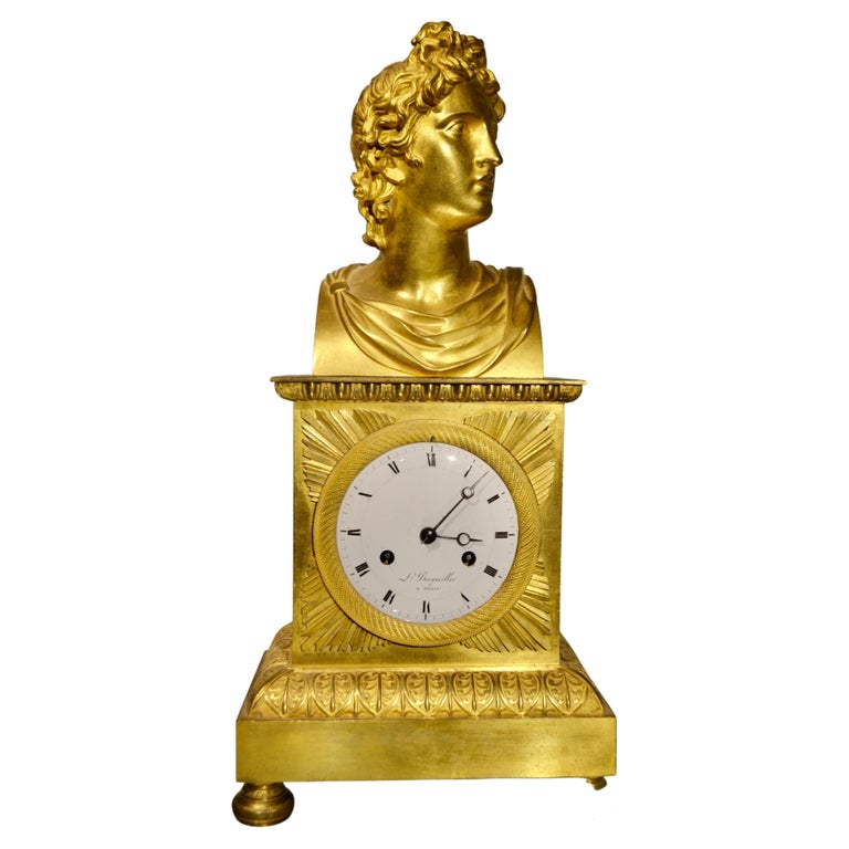 French Empire Gilt Bronze Clock with Bust of Apollo Belvedere For Sale ...