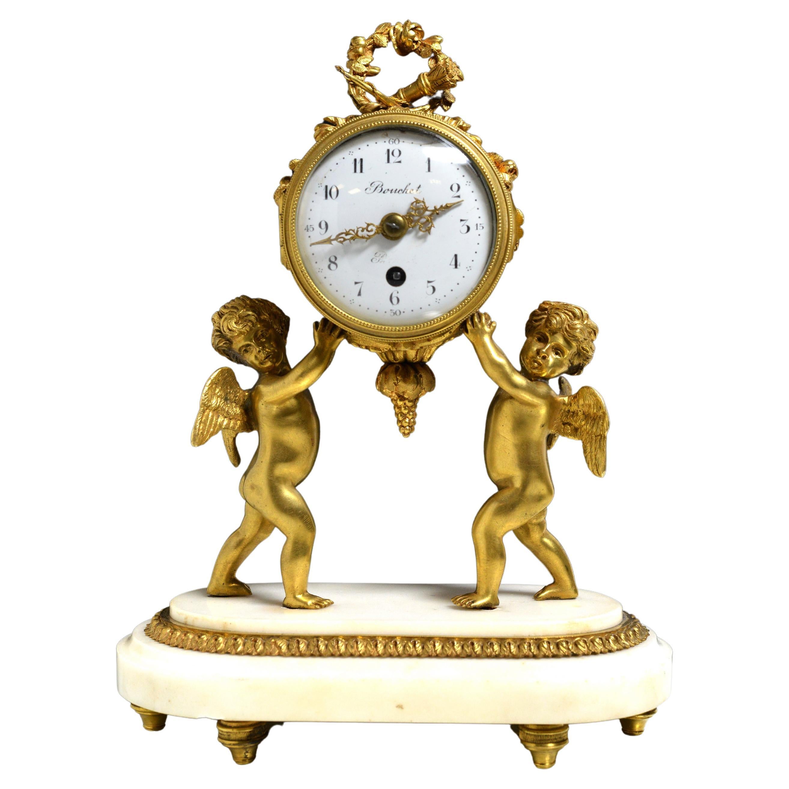French Empire Gilt Bronze Desk Clock with Cupids and Garland N Marble ...