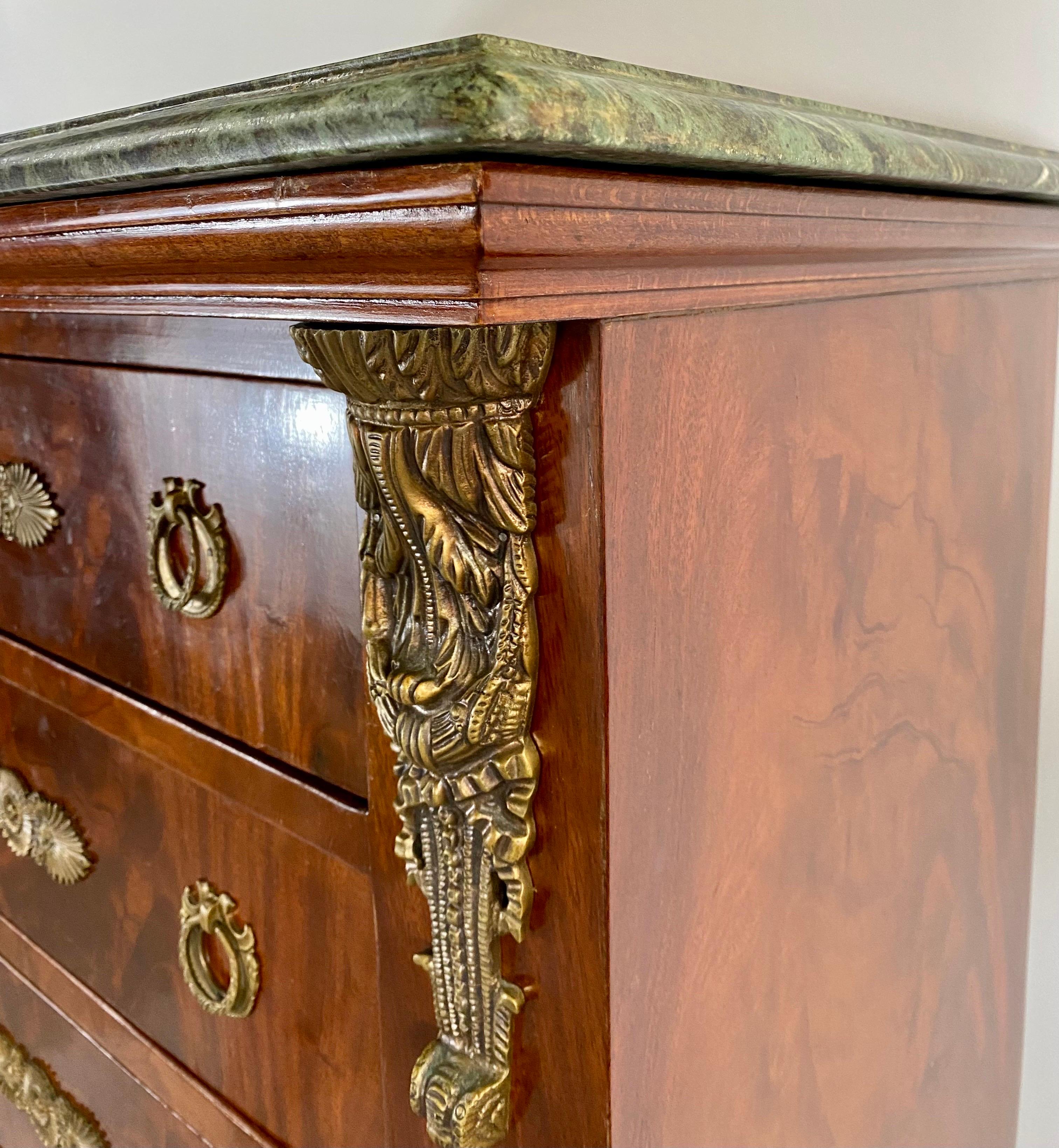 French Empire Style Flame Mahogany Bronze Mounted Marble Top Chest ...