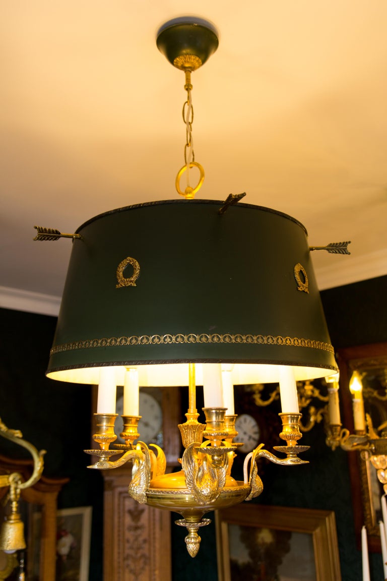 French Empire Style Gilt Bronze and Green Painted Five-Light Tole ...