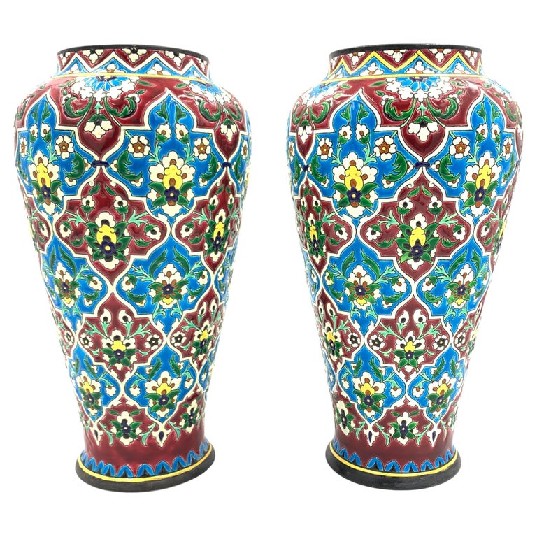 French Enamelled Faience Pair of Vases by Jules Vieillard For Sale at ...