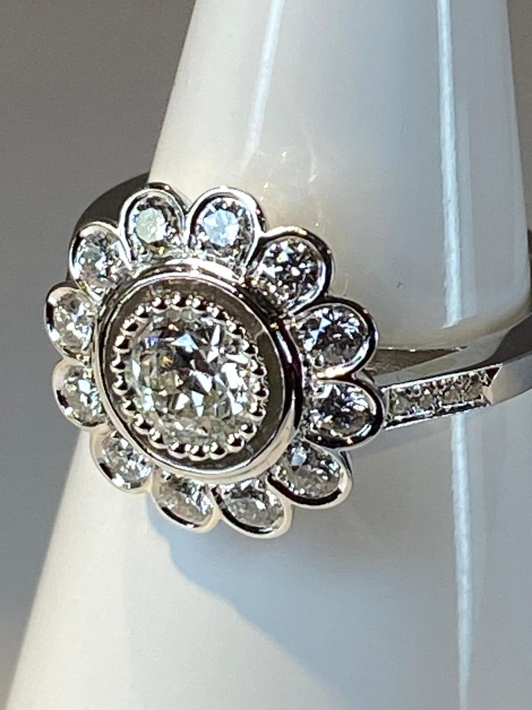 French Engagement Ring in 18 Carat Gold, Flower Model Set with Diamonds ...