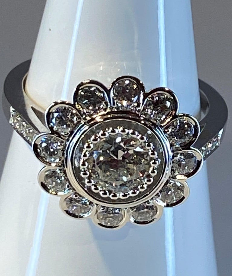 French Engagement Ring in 18 Carat Gold, Flower Model Set with Diamonds ...