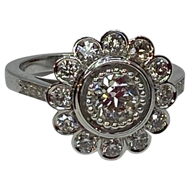 French Engagement Ring in 18 Carat Gold, Flower Model Set with Diamonds ...