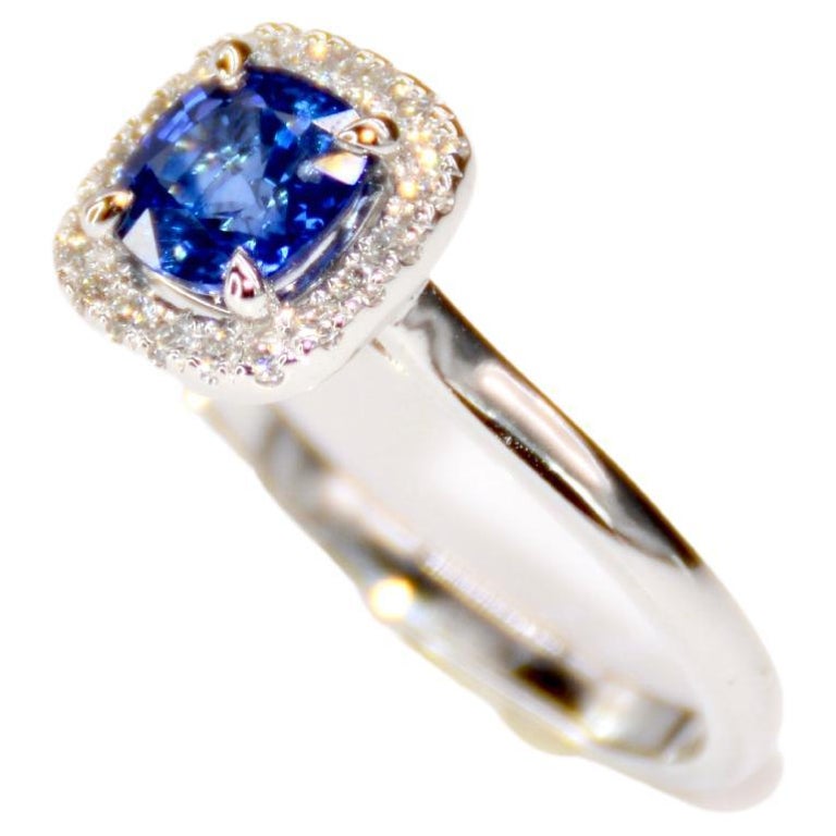 French Engagement Ring Sapphire Diamonds White Gold For Sale at 1stDibs