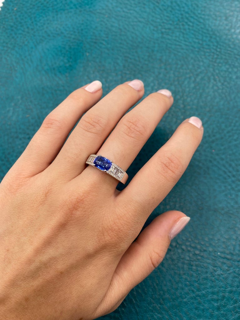 French Engagement Ring White Gold with a Blue Sapphire and Diamonds For ...