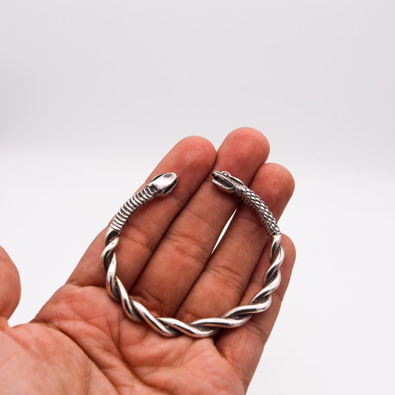 French Etruscan Revival Snakes Bracelet Cuff in Solid .925 Sterling Silver For Sale at 1stDibs