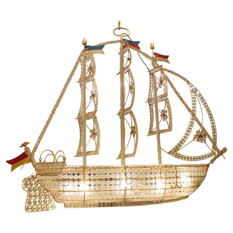 French Exceptional Ship Chandelier in crystal and gilt metal For Sale ...