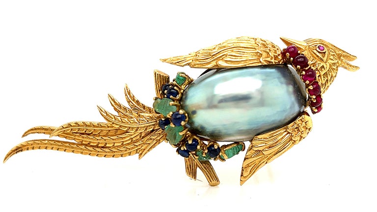 French Exotic Bird Brooch 18k Sapphires Emeralds and Rubies at 1stDibs
