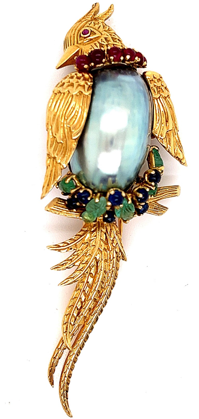 French Exotic Bird Brooch 18k Sapphires Emeralds and Rubies at 1stDibs