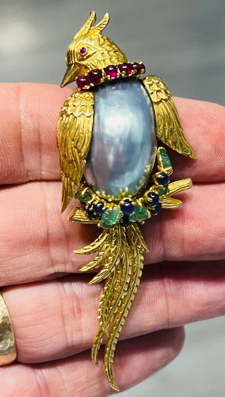 French Exotic Bird Brooch 18k Sapphires Emeralds and Rubies at 1stDibs