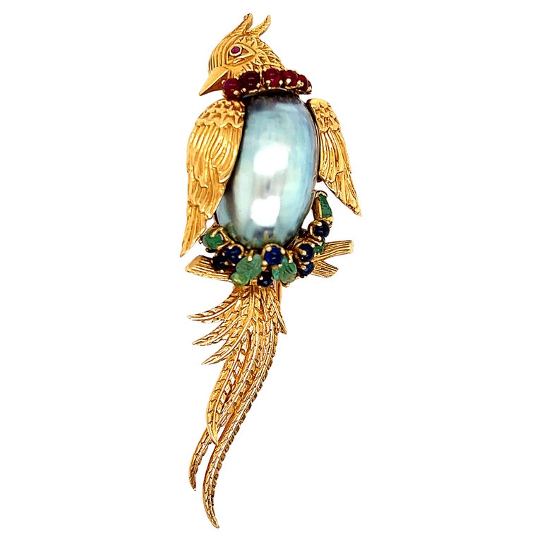 French Exotic Bird Brooch 18k Sapphires Emeralds and Rubies at 1stDibs