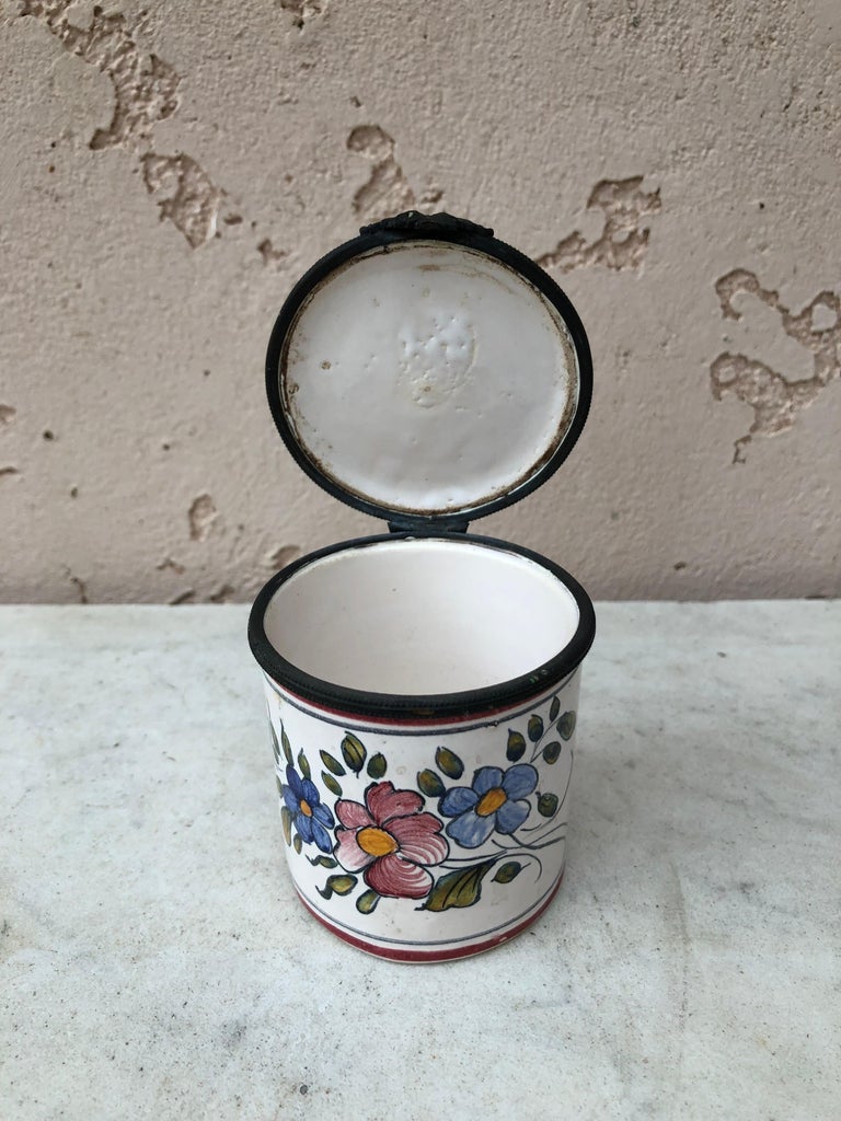 French Faience Lidded Pot Box With Dog Circa 1900 For Sale at 1stDibs