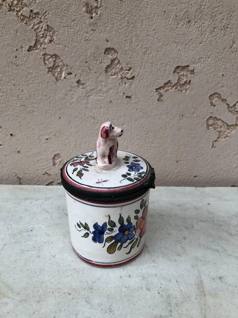 French Faience Lidded Pot Box With Dog Circa 1900 For Sale at 1stDibs