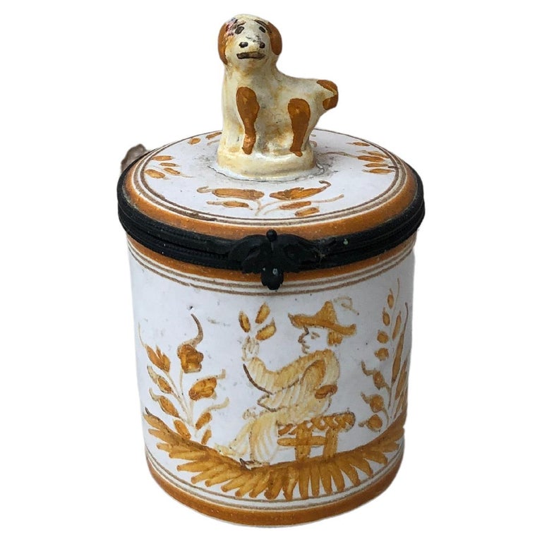 French Faience Lidded Pot Box with Dog, Circa 1900 For Sale at 1stDibs