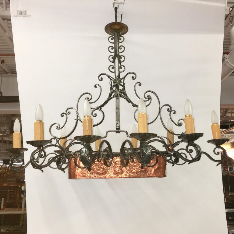 French Fer Forge 10-Light Chandelier with Copper Jardinière at 1stDibs