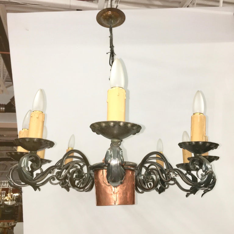 French Fer Forge 10-Light Chandelier with Copper Jardinière at 1stDibs