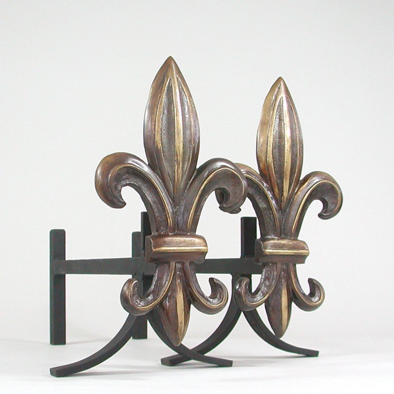 French Fleur de Lys Bronze Art Deco Fireplace Andirons, 1920s For Sale ...