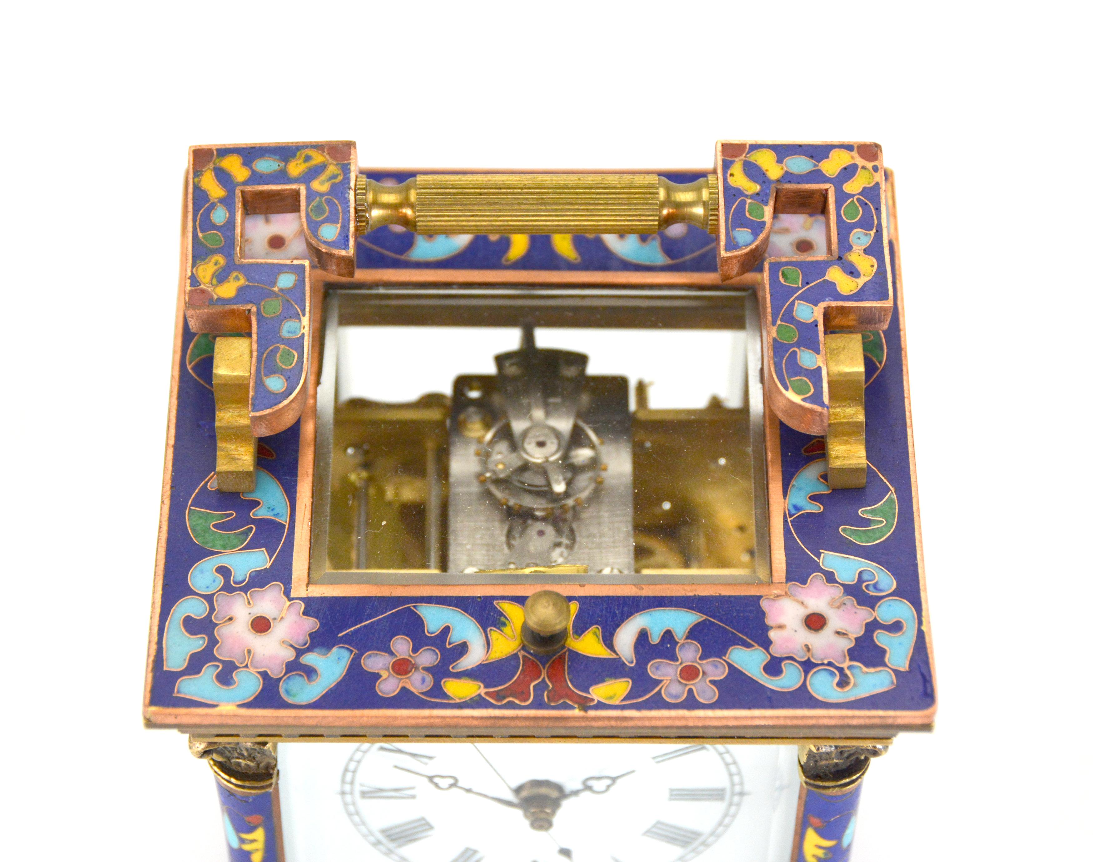 French Floral Blue Enamel Brass 8 Day Repeater Calendar Carriage Clock ...