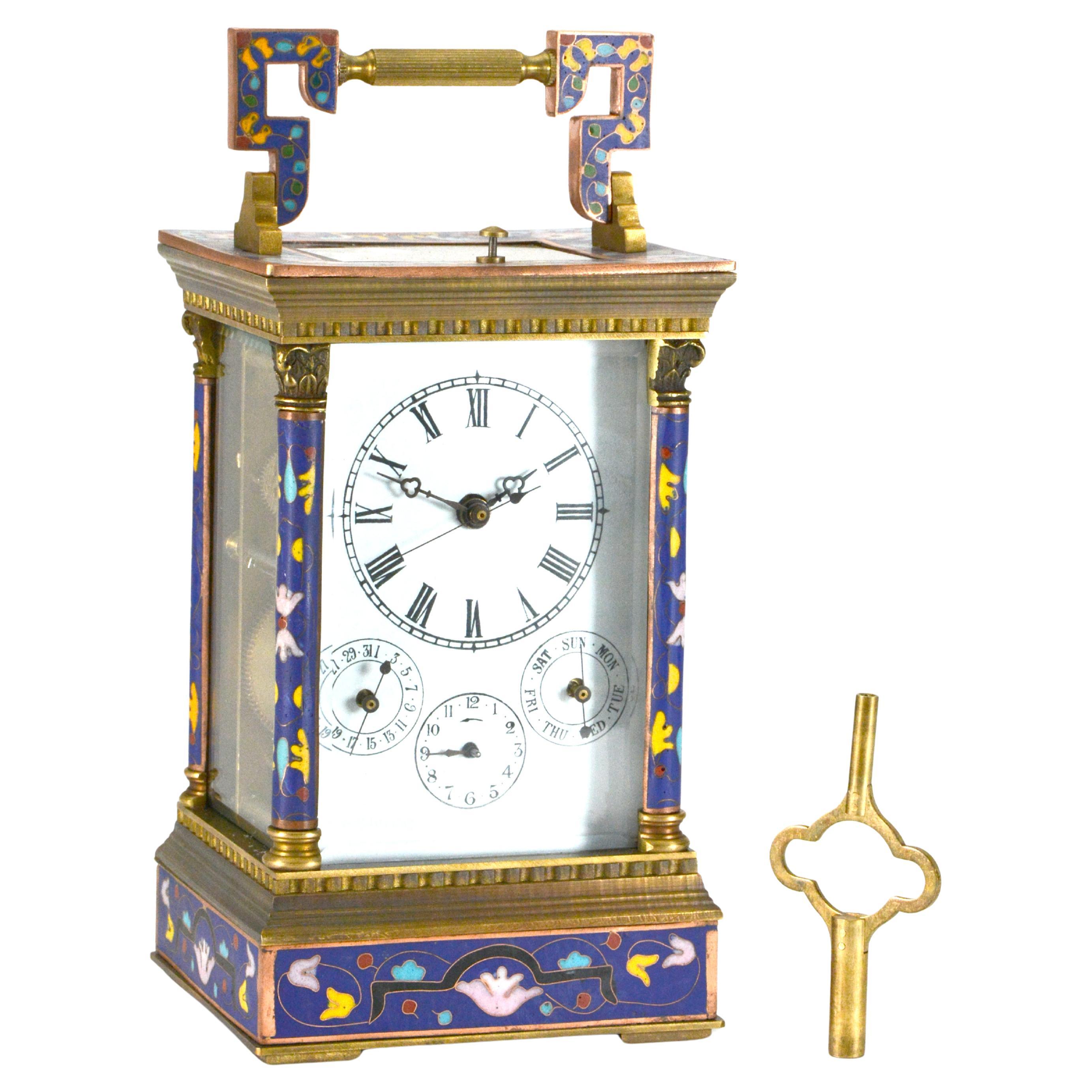 French Floral Red Enamel Brass 8 Day Repeater Calendar Carriage Clock ...