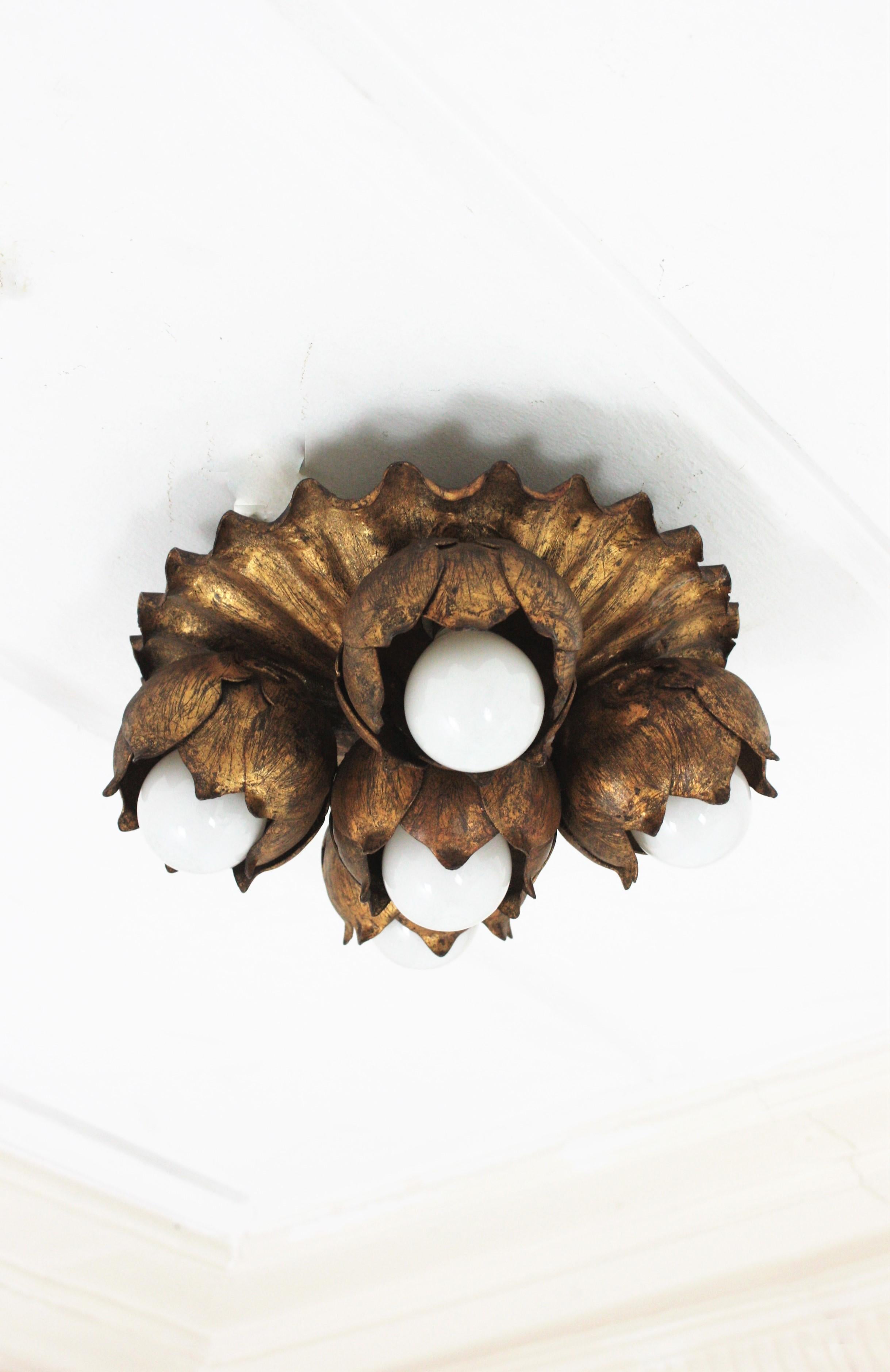 French Floral Flower Bouquet Light Fixture in Gilt Iron, Five Lights ...