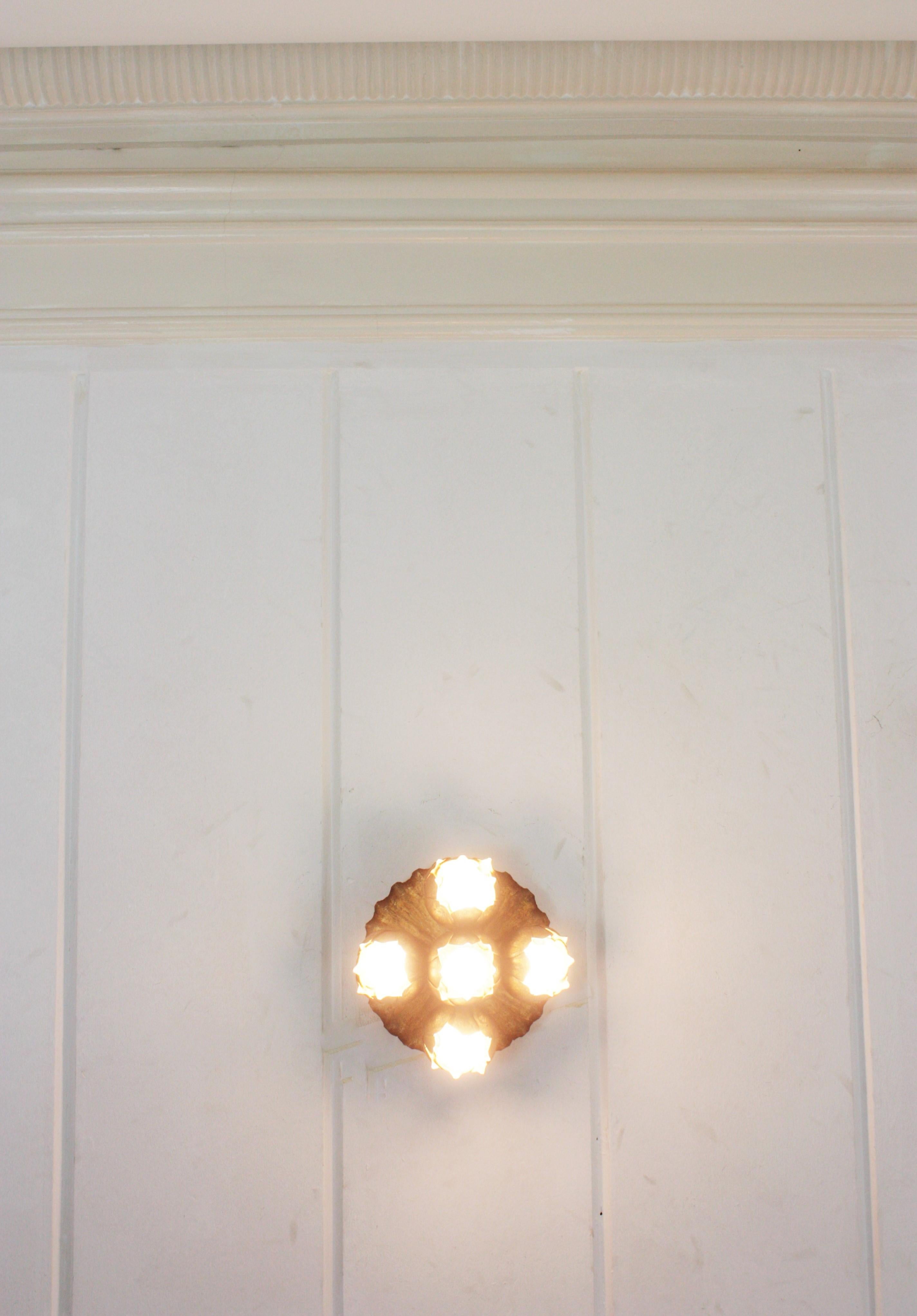 French Floral Flower Bouquet Light Fixture in Gilt Iron, Five Lights ...