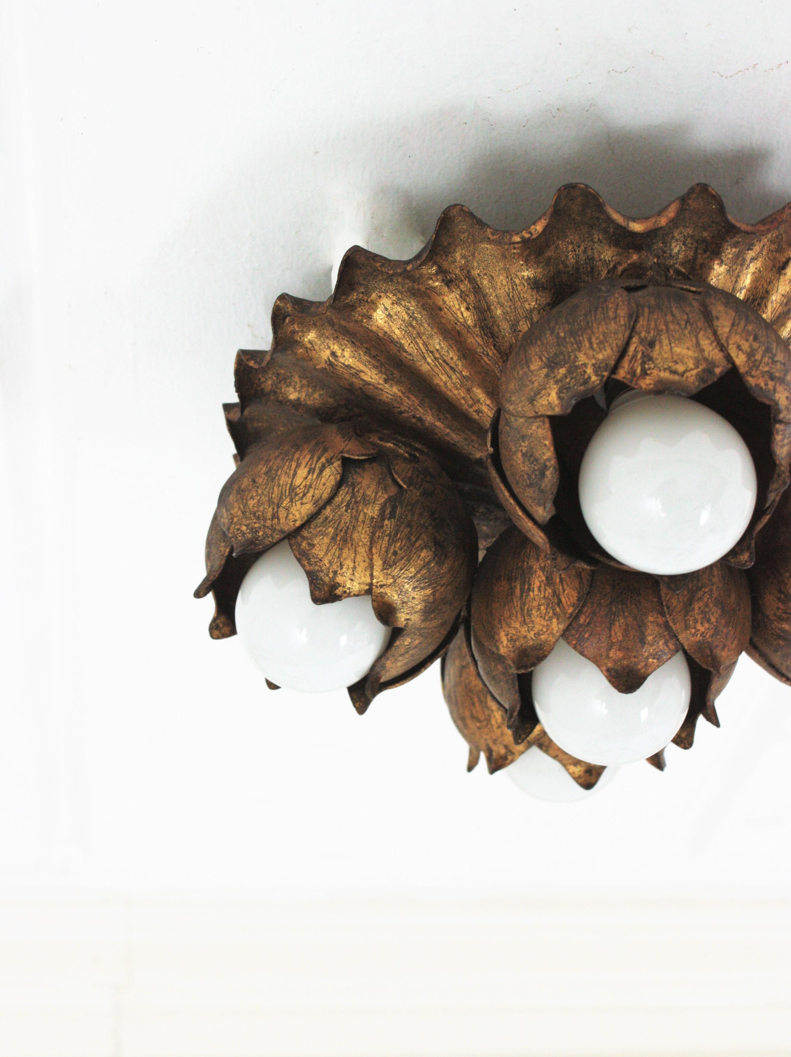 French Floral Flower Bouquet Light Fixture in Gilt Iron, Five Lights ...