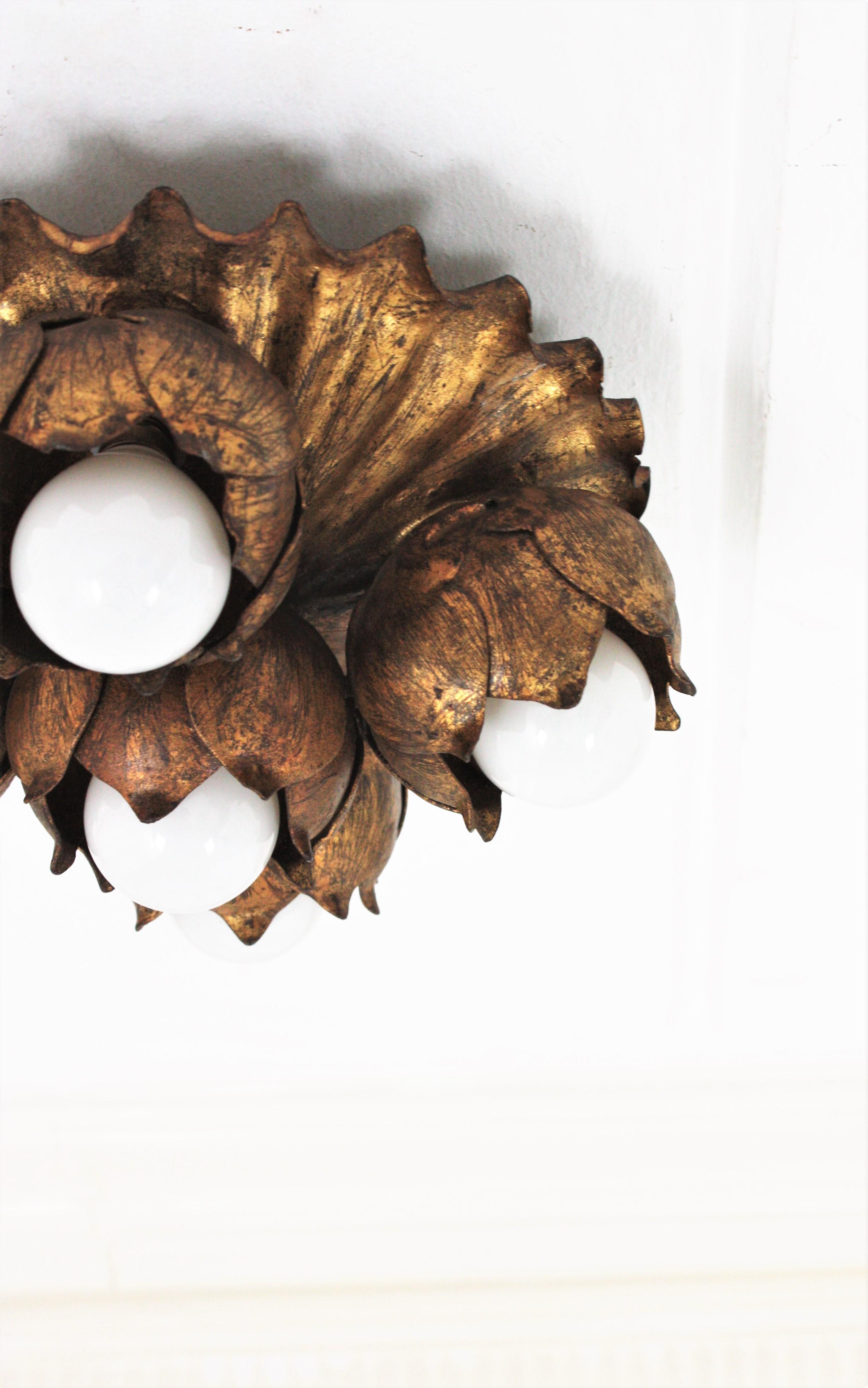 French Floral Flower Bouquet Light Fixture in Gilt Iron, Five Lights ...