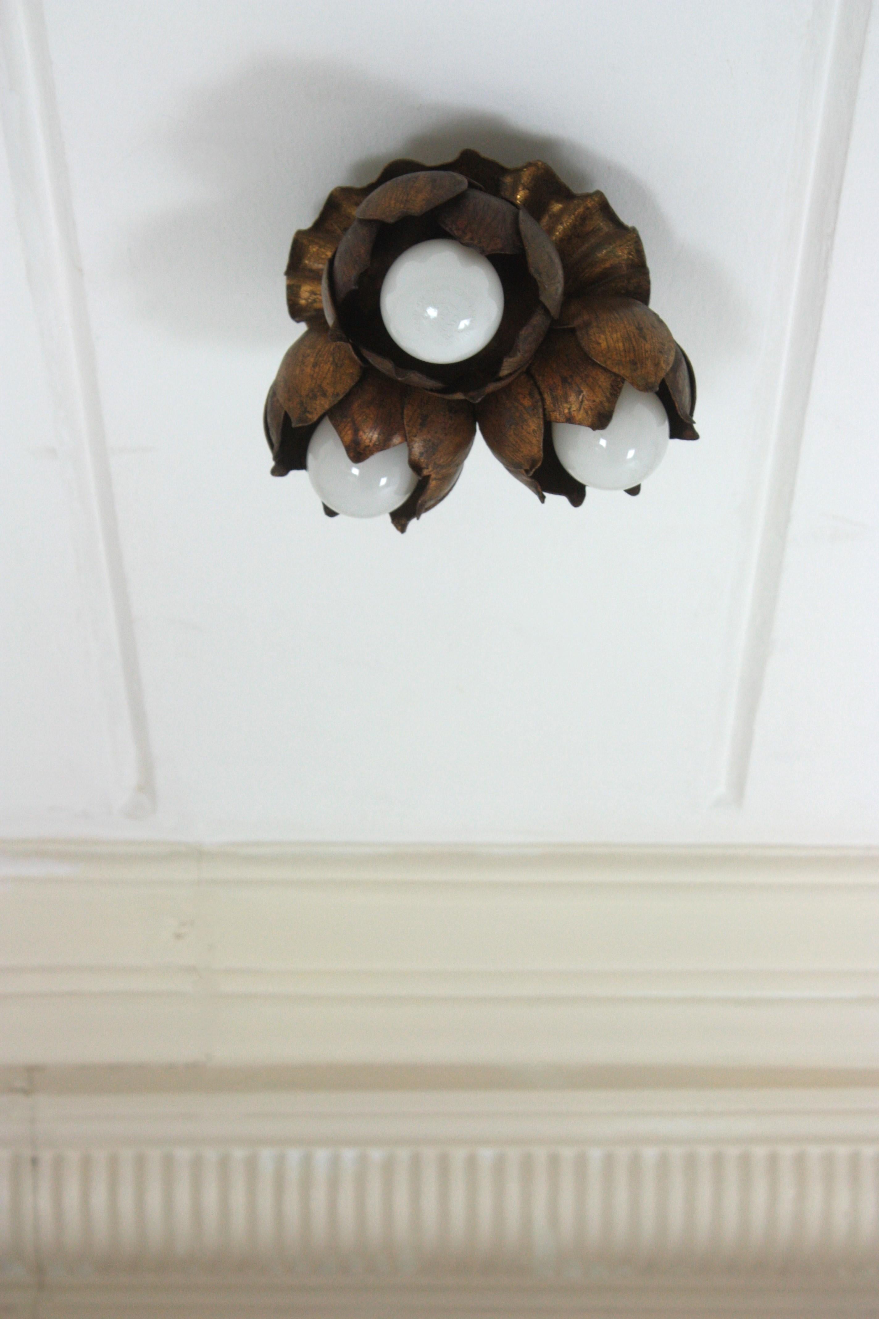 French Floral Flower Bouquet Wall or Ceiling Light Fixture in Gilt Iron ...