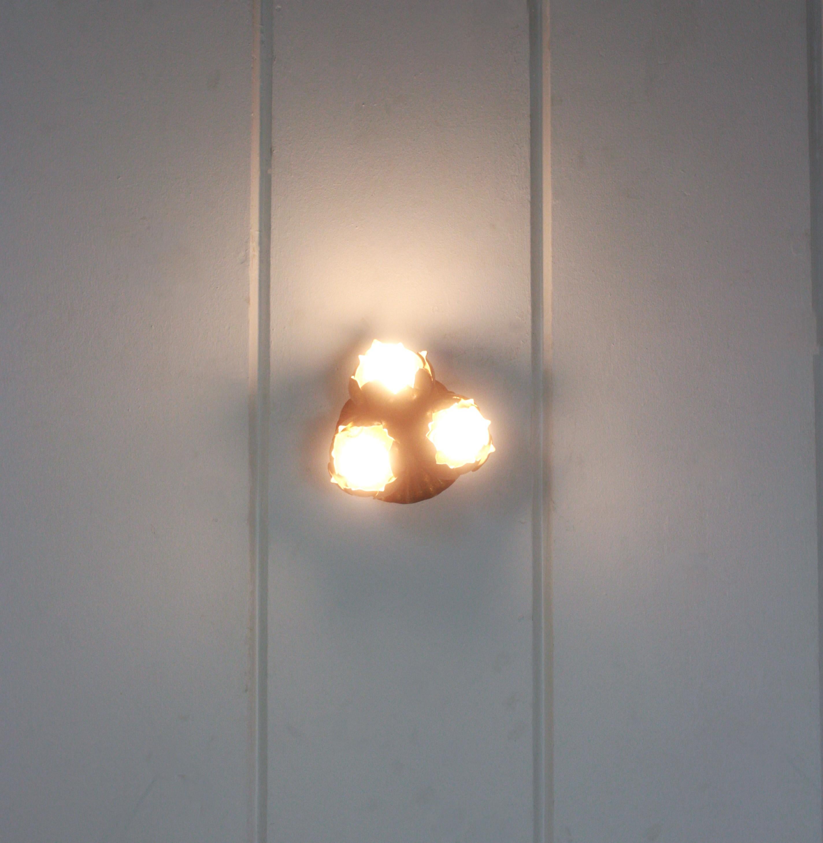 French Floral Flower Bouquet Wall or Ceiling Light Fixture in Gilt Iron ...