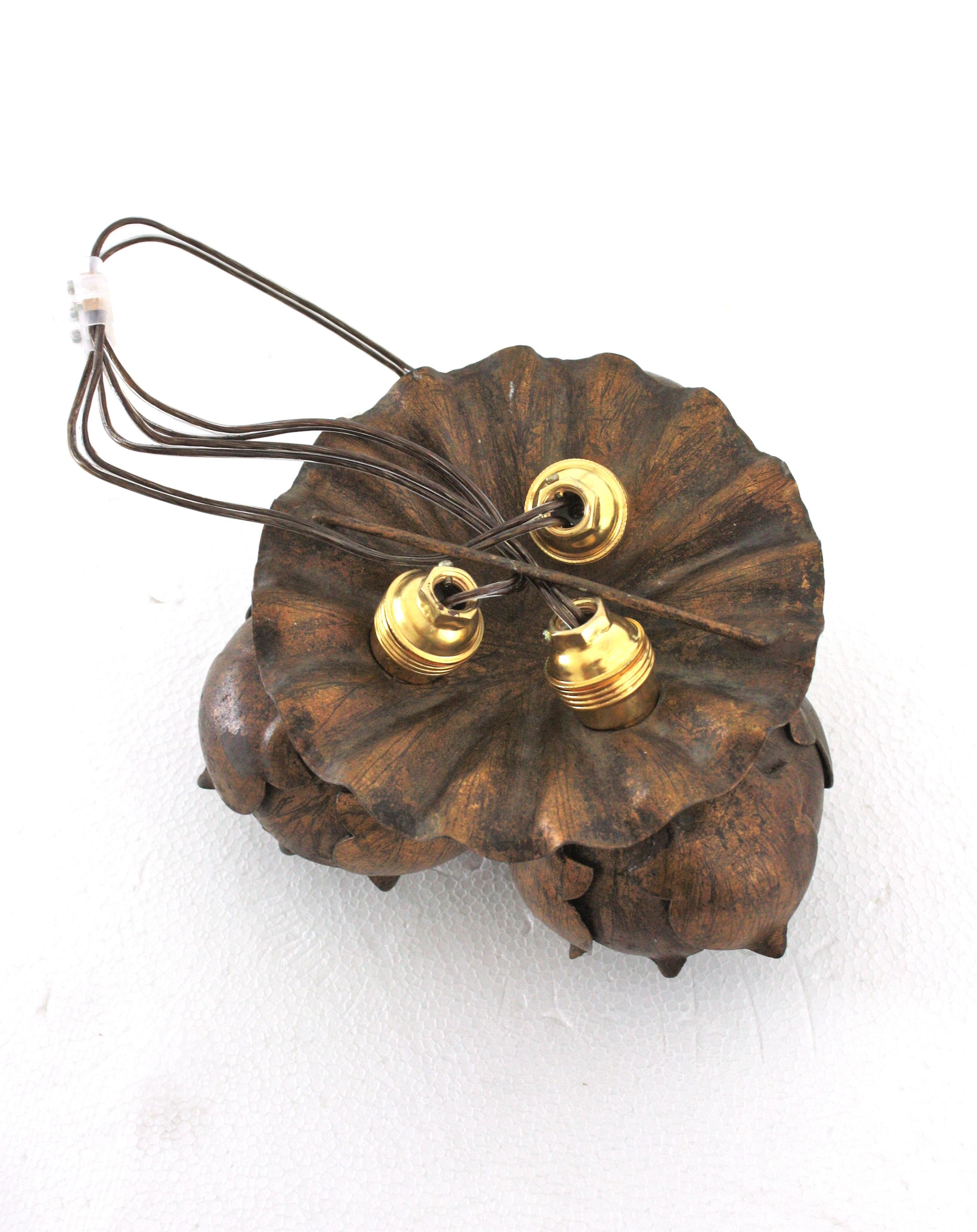 French Floral Flower Bouquet Wall or Ceiling Light Fixture in Gilt Iron ...