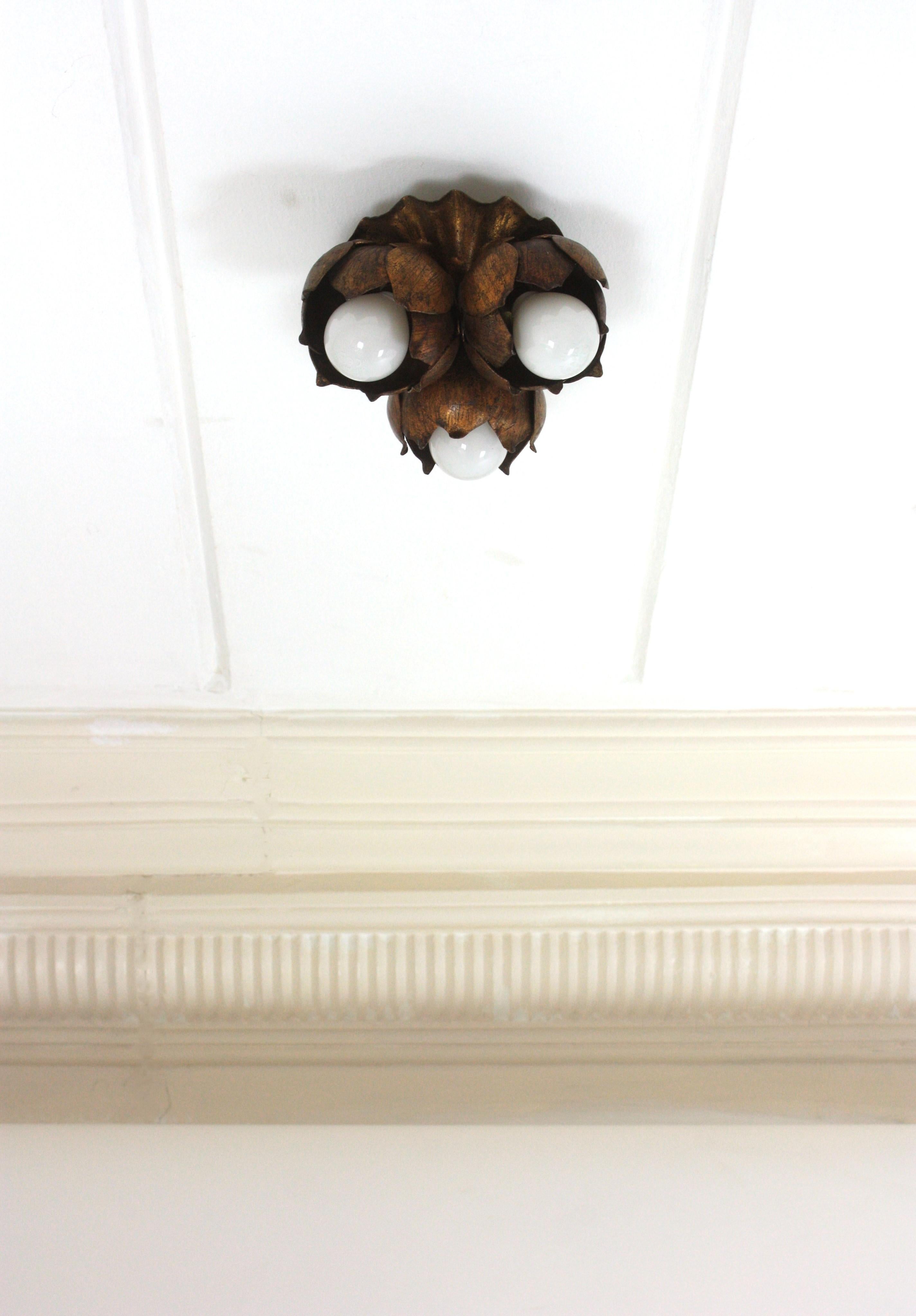 French Floral Flower Bouquet Wall or Ceiling Light Fixture in Gilt Iron ...