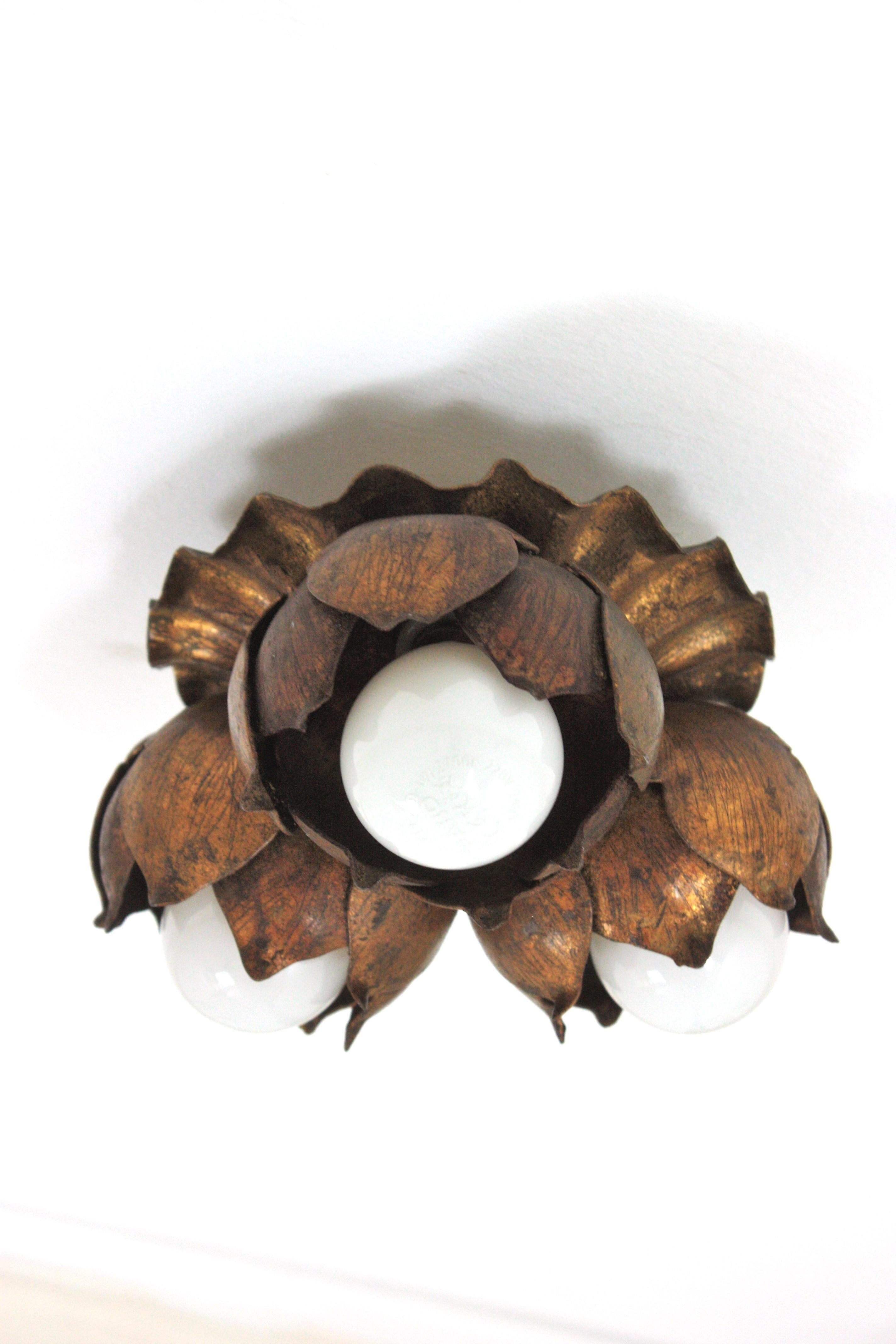 French Floral Flower Bouquet Wall or Ceiling Light Fixture in Gilt Iron ...