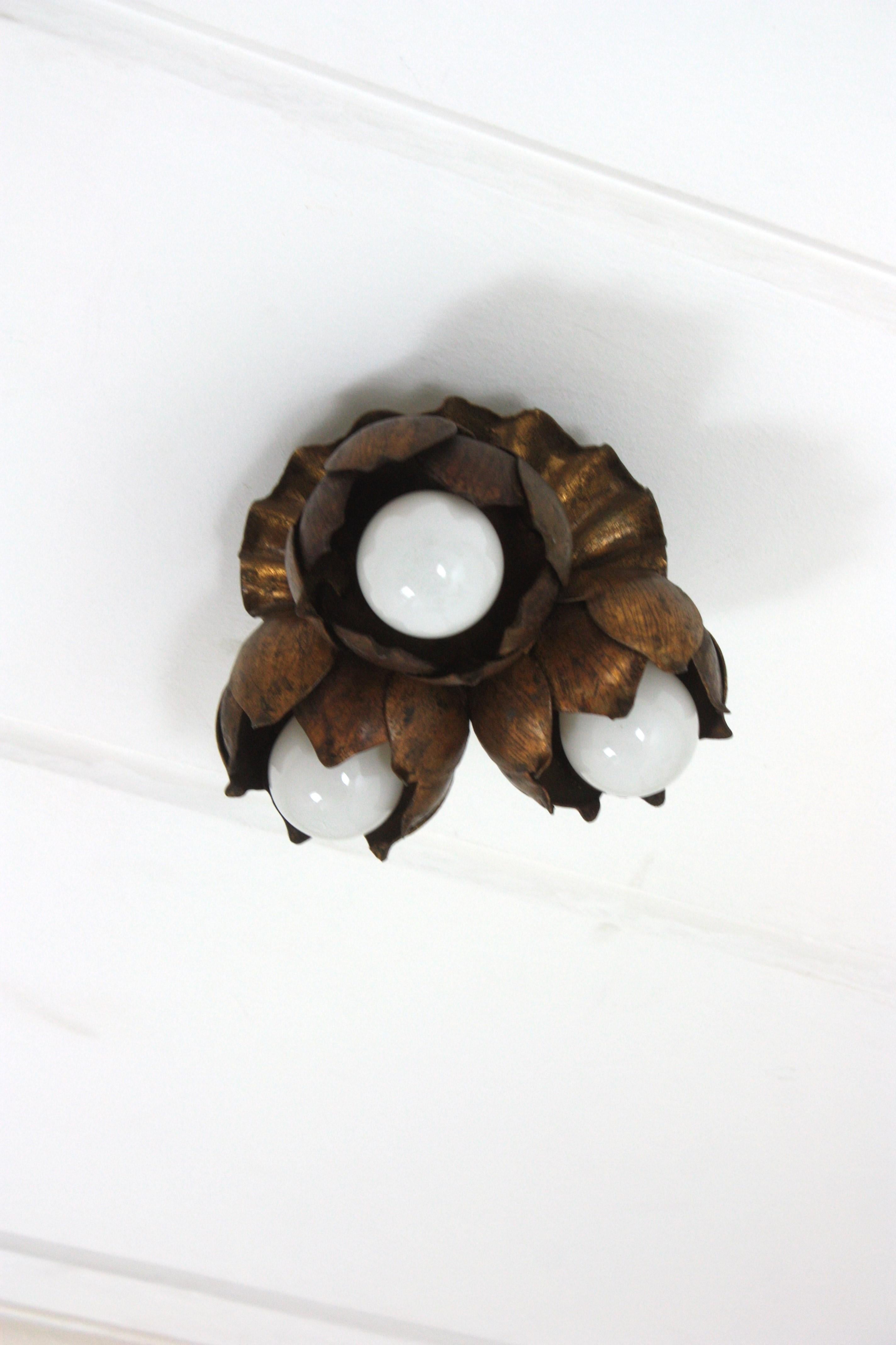 French Floral Flower Bouquet Wall or Ceiling Light Fixture in Gilt Iron ...
